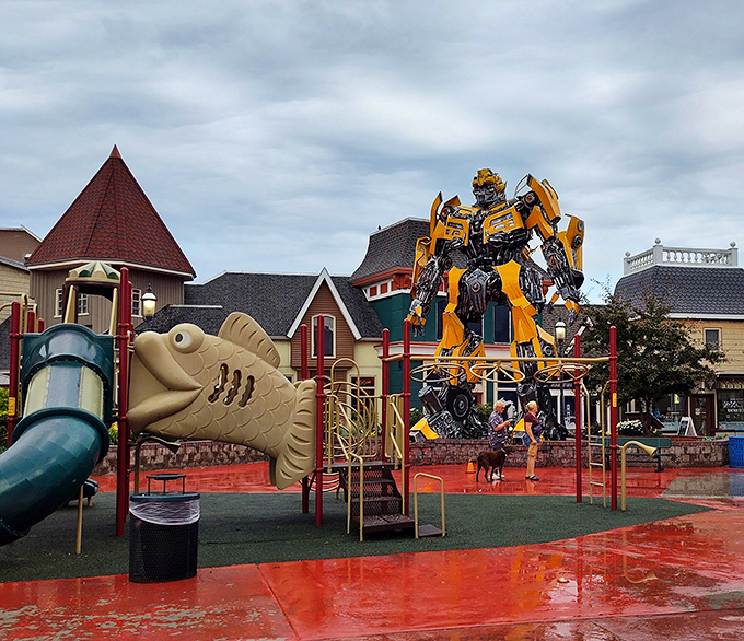 Even the children's playground nearby embraces the whimsical spirit, with colorful structures creating a playful foreground to the towering mechanical marvel.