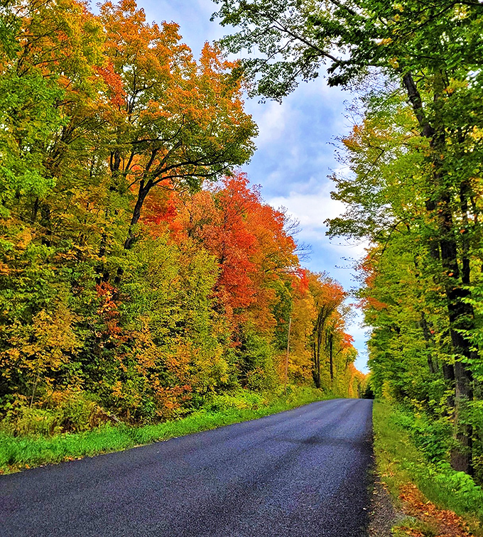 Fall's fiery display frames the road to Potawatomi Falls, making the journey almost as spectacular as the destination.