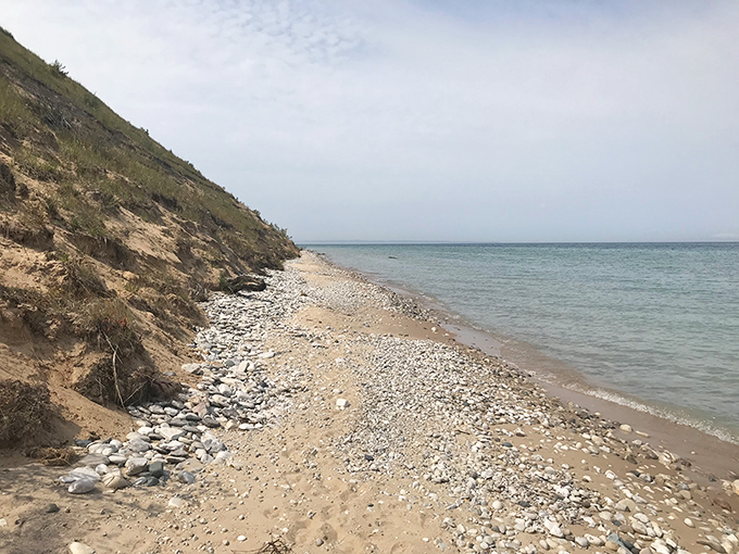 This rocky beach below the dunes tells stories of glacial movements and centuries of wave action.