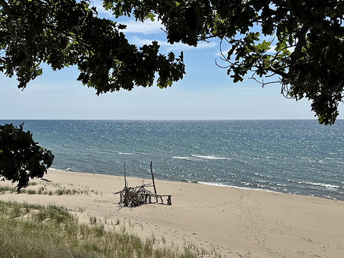 Beach therapy, Michigan-style: Driftwood sculptures and endless shoreline create the perfect setting for clearing a cluttered mind.