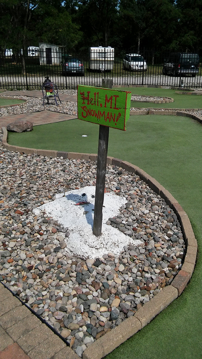 "Hell, MI Snowman" stands as perhaps the most ironic landmark in Michigan. Apparently, Hell does freeze over, at least on this golf course.