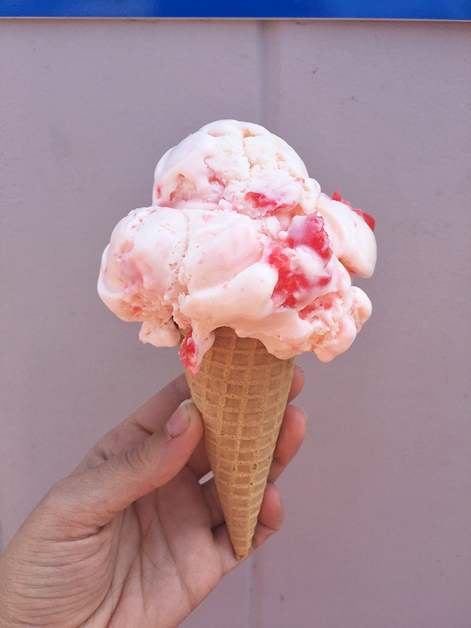 Strawberry ice cream studded with real fruit &ndash; nature's candy suspended in a creamy cloud, ready to melt away your adult worries.