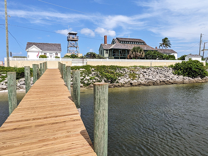 This wooden dock on the protected inland side provided crucial access for supplies and an alternative approach during rough Atlantic conditions.