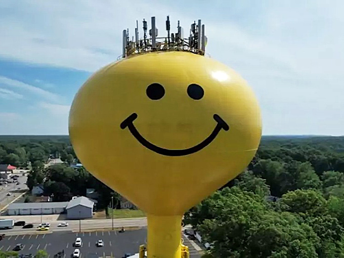 The tower's crown of communication equipment adds an unintentional royal touch, like a happy monarch overseeing its cheerful domain.