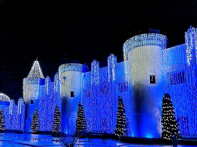 The illuminated castle becomes a beacon in the night, its every architectural detail outlined in twinkling lights.