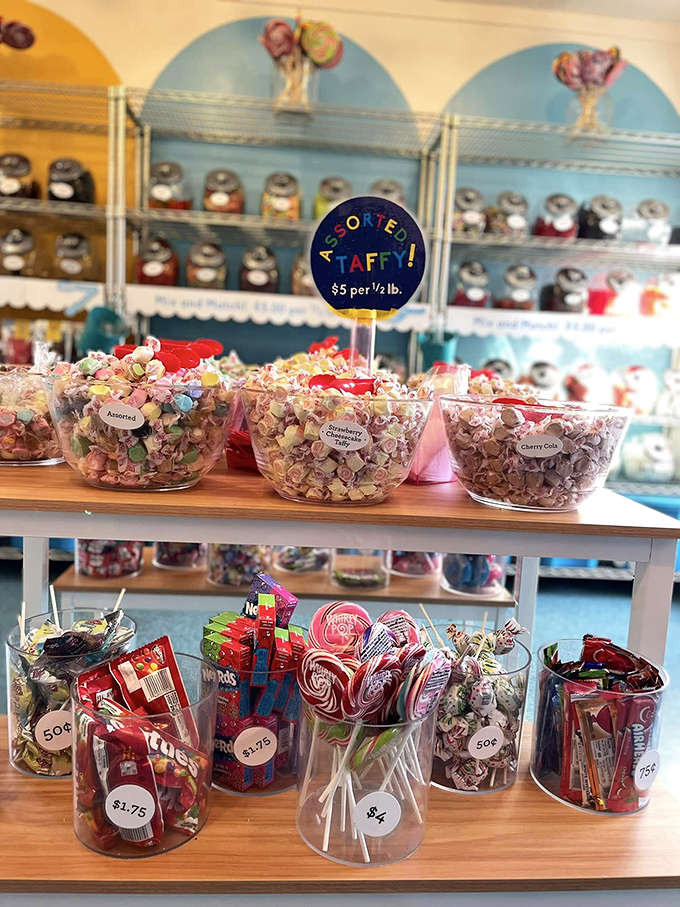 Taffy in every pastel hue imaginable &ndash; each twisted wrapper a promise of that perfect chewy texture that somehow never gets old.