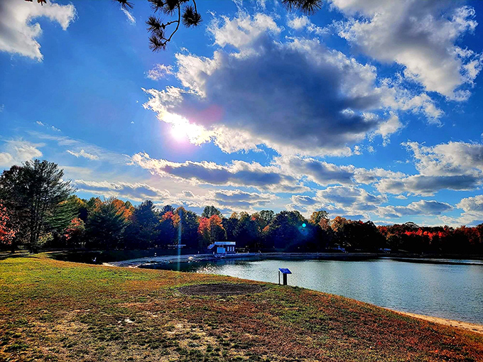 Fall transforms Lake Arvesta's surroundings into a painter's palette of reds and golds, proving this destination's appeal extends beyond summer splashes.