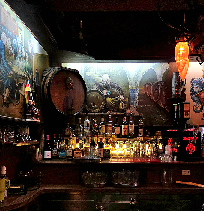 The bar area looks like it was teleported directly from 1930s Bavaria, complete with murals that tell stories after your second beer.