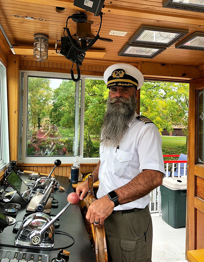 Behind that impressive beard is the captain's wealth of river knowledge, delivered with the perfect blend of authority and folksy charm.