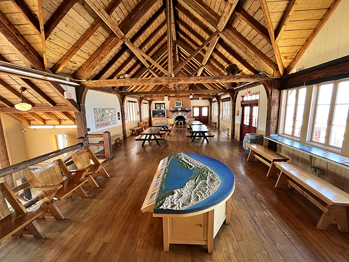 The Beach House interior reveals rustic wooden beams and educational displays, a perfect shelter when you need a break from sun-soaked adventures.