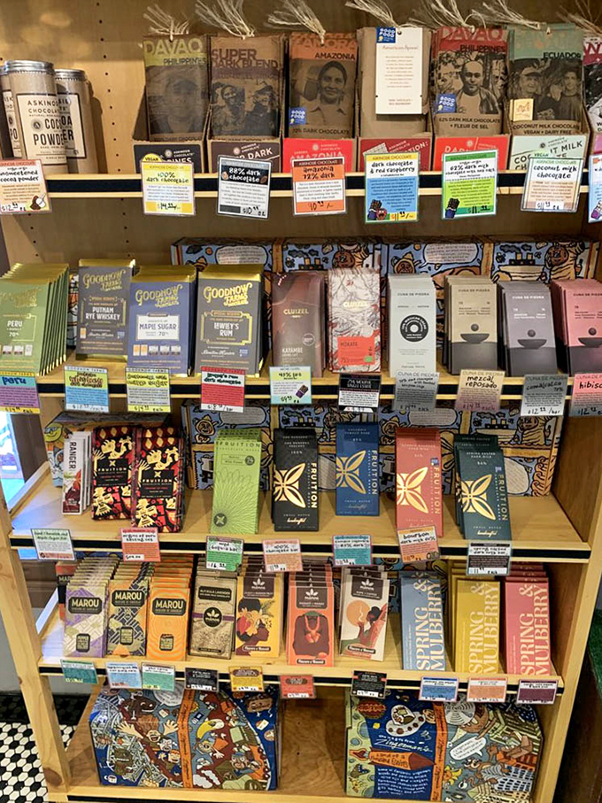 A chocolate lover's dream library &ndash; carefully curated bars from around the world, each telling the story of its origin through complex flavors and ethical sourcing.