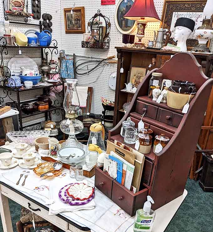 Every surface tells a story in this carefully arranged booth &ndash; where Victorian sensibilities meet mid-century charm in unexpected harmony.