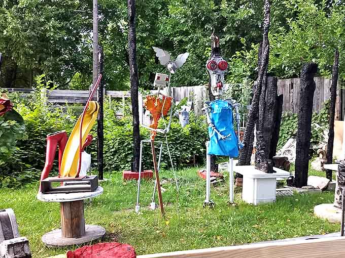 The garden comes alive with mechanical creatures, each one standing like a sentinel from some whimsical alternate universe.