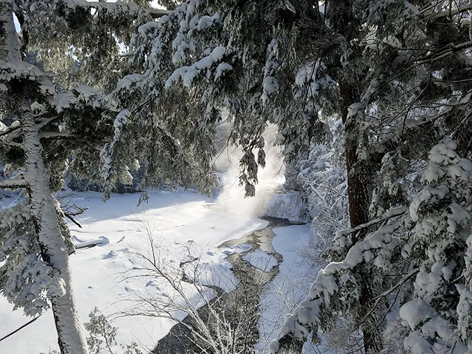 Winter transforms cascades into frozen sculptures, a breathtaking pause button on nature's perpetual motion.