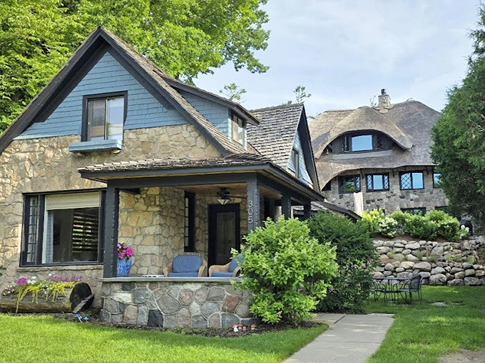 Boulder-dash walls create a textural masterpiece where each stone tells its own story, hand-selected from Lake Michigan's shores.