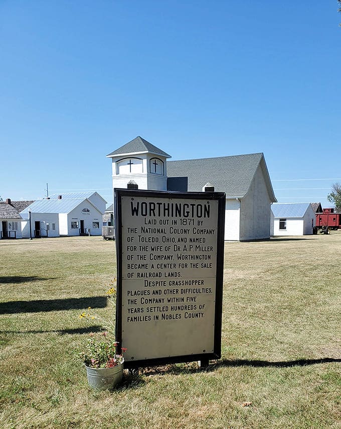 Historical markers like this one tell the story of Worthington's founding, reminding us that every town started with someone's bold dream.