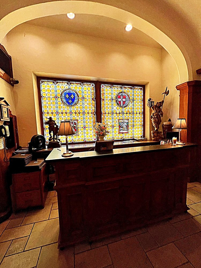 Host station: The gateway to German gastronomy, where stained glass windows and warm wood welcome guests to an experience that transcends ordinary dining.