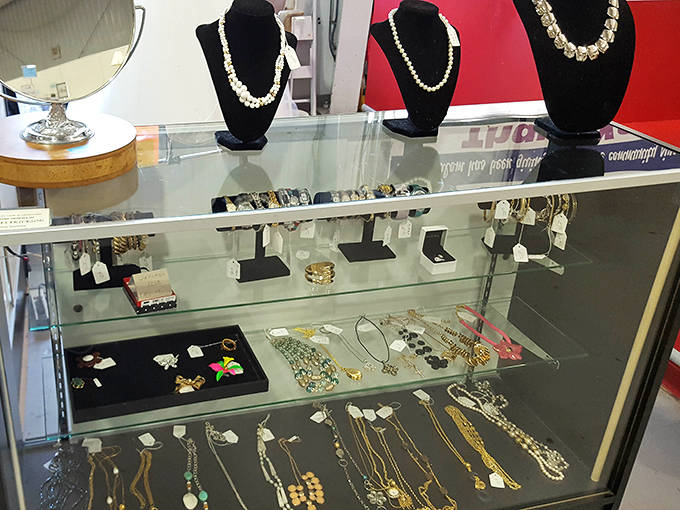 The jewelry counter sparkles with possibilities &ndash; costume pieces, vintage treasures, and occasional fine jewelry waiting for second chances to accessorize new adventures.