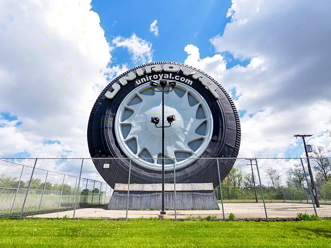 Looking up at the Uniroyal Giant Tire gives visitors a genuine "Alice in Wonderland" moment of delightful perspective distortion.