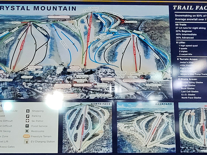 The trail map reveals Crystal Mountain's winter personality &ndash; 58 runs of varying difficulty ensure everyone from bunny-slopers to black diamond daredevils finds their happy place.