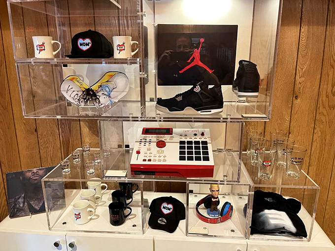 Glass display cases showcase branded merchandise &ndash; mugs, hats, and shirts that let fans take a piece of the pasta experience home.