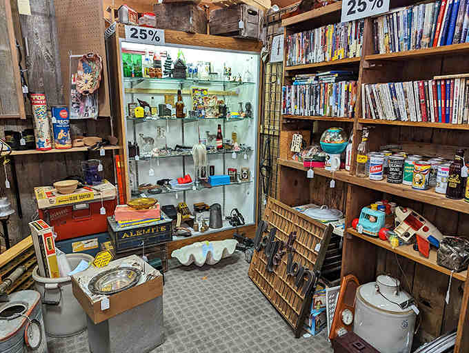 Treasures hide in plain sight – vintage kitchenware, toys, and tools create a three-dimensional timeline of American consumer culture.