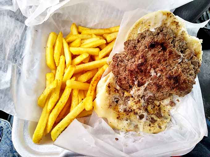 Mushrooms and Double Swiss Burger and fries: Swiss cheese cascades over mushrooms and beef in this umami explosion, with fries standing by for the inevitable dipping.