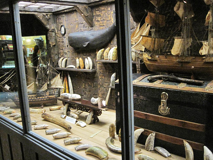 Maritime treasures fill glass cases, from intricately carved scrimshaw to model ships, celebrating centuries of seafaring history and craftsmanship.