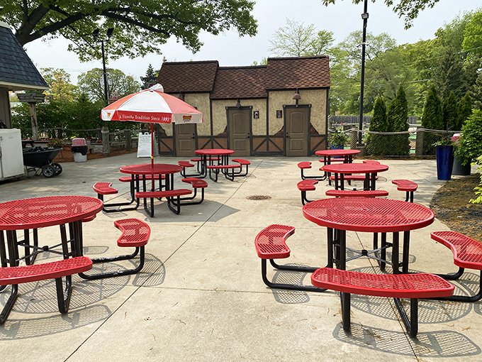 Red picnic tables await ice cream aficionados, a community gathering spot where summer memories are made one lick at a time.