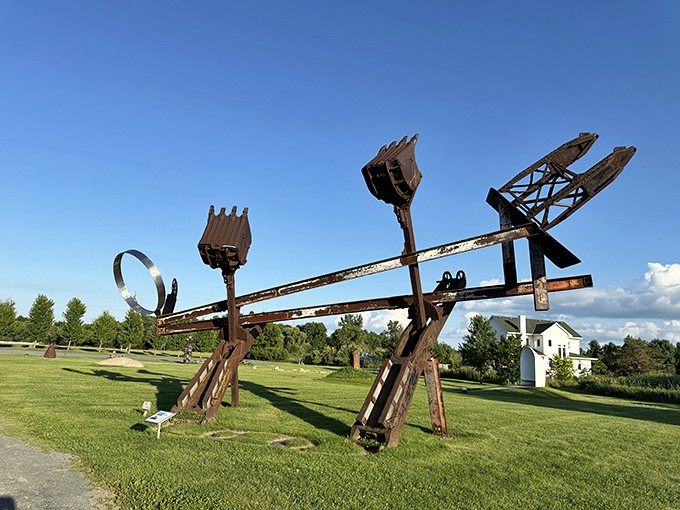 Rusty machinery parts find new life as sculpture, telling stories of labor and time while celebrating beauty in the weathered.