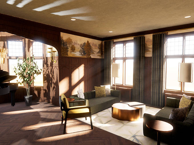 Sunlight streams through tall windows in this sitting area, where shadows dance across polished floors that have witnessed a century of footsteps.