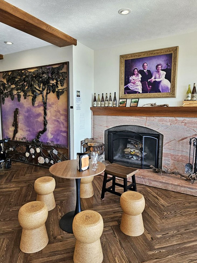 Family heritage on display &ndash; a cozy corner featuring both artistic vineyard interpretations and photographs of the winery's founding family.