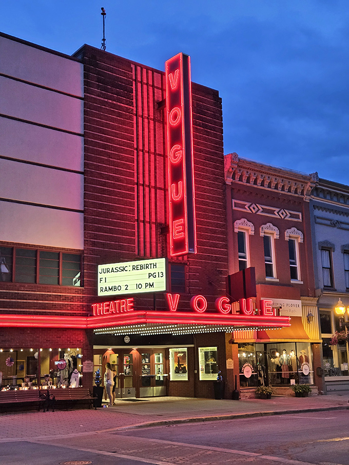 The Vogue Theatre's iconic neon sign illuminates River Street, beckoning movie lovers into this lovingly restored 1938 art deco gem.