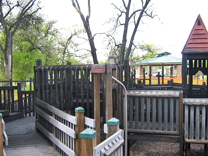 Wooden boardwalks connect play areas with the thoughtfulness of village planning &ndash; if village planners had been primarily concerned with maximizing fun.