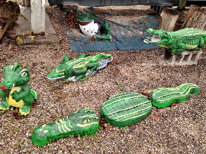 A reptilian convention where green gators seem to be discussing the finer points of sunbathing techniques.