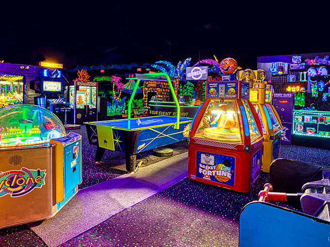Between putting adventures, the arcade offers its own glowing challenges &ndash; games somehow more enticing when bathed in ultraviolet magic.