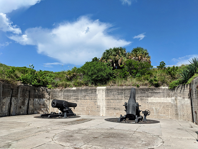 These massive coastal defense mortars once stood ready to protect Tampa Bay, now peacefully retired to a life of photo opportunities.