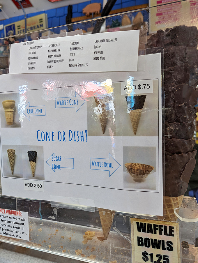 The cone decision matrix &ndash; waffle, sugar, cake, or bowl? At Oink's, even the ice cream's home requires thoughtful consideration.