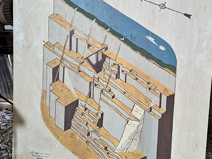 A detailed cross-section diagram reveals the mine's underground complexity, mapping the invisible network of tunnels where miners once pursued copper riches.