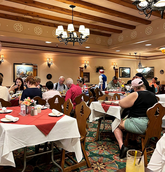 Tables full of happy people discovering that elastic waistbands were humanity's greatest invention after all these years.