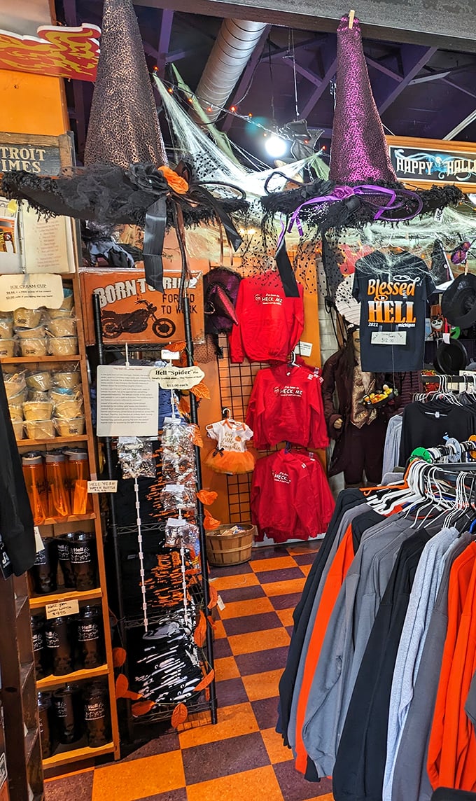Witch hats and cobwebs hang above merchandise that lets visitors prove they've been to Hell and back. Souvenir shopping has never been so devilishly fun.
