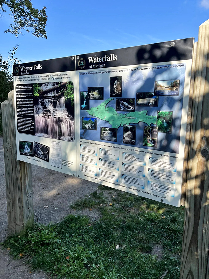 This information board serves as nature's playbill, introducing the star attractions of Michigan's waterfall country without spoiling the live performance.
