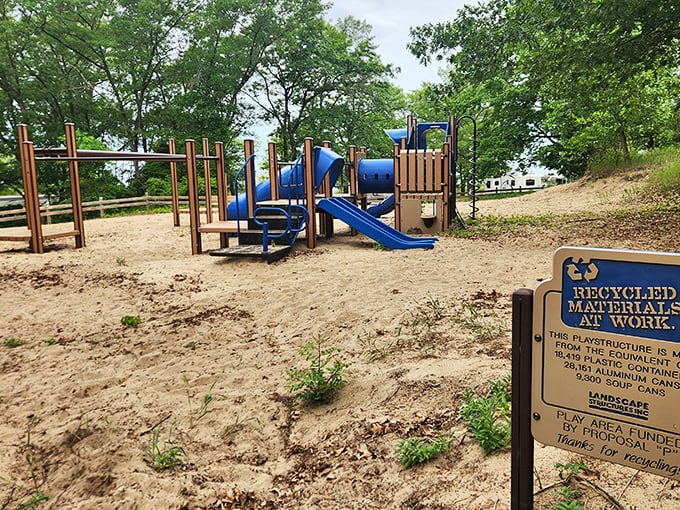 Playground equipment made from recycled materials teaches environmental stewardship while kids burn off s'more-induced energy.