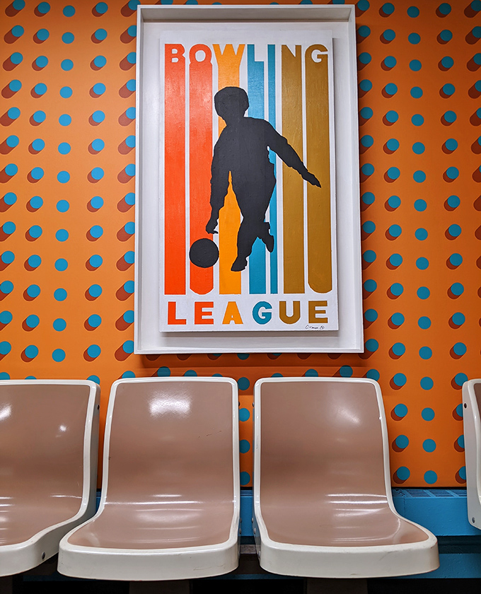 Retro artwork celebrates bowling culture with bold colors and clean lines &ndash; mid-century design that never goes out of style.