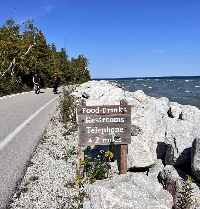 "Food-Drinks-Restrooms: 2 miles" &ndash; the island's version of a highway sign, promising civilized comforts amid wilderness beauty.