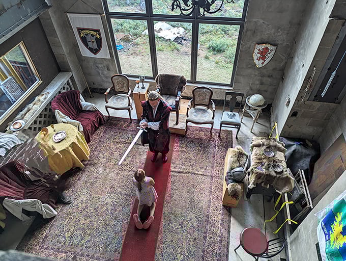 From above, medieval pageantry unfolds in the great hall as costumed performers transport visitors to another time and place.