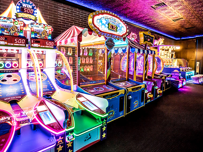 The arcade's neon glow beckons players of all ages &ndash; promising tickets, treasures, and the sweet sound of victory.