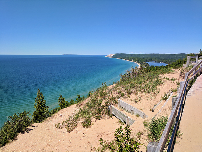 The Empire Bluffs Trail rewards hikers with this sweeping coastline vista. Your social media followers will think you've flown to a tropical destination.