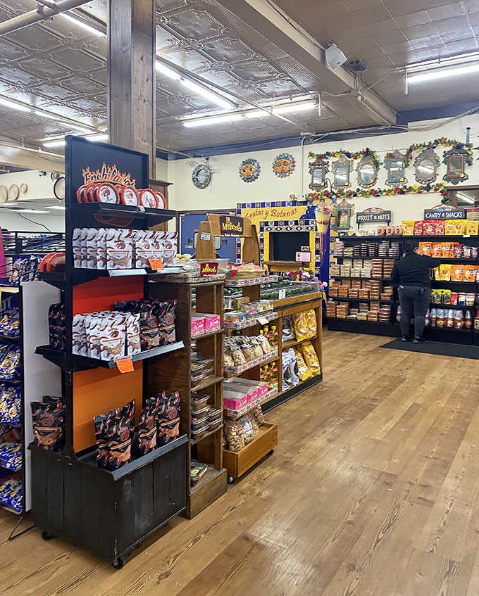 The mercado section offers aisles of authentic Mexican ingredients, candies, and specialty items that turn amateur cooks into abuela-approved chefs.