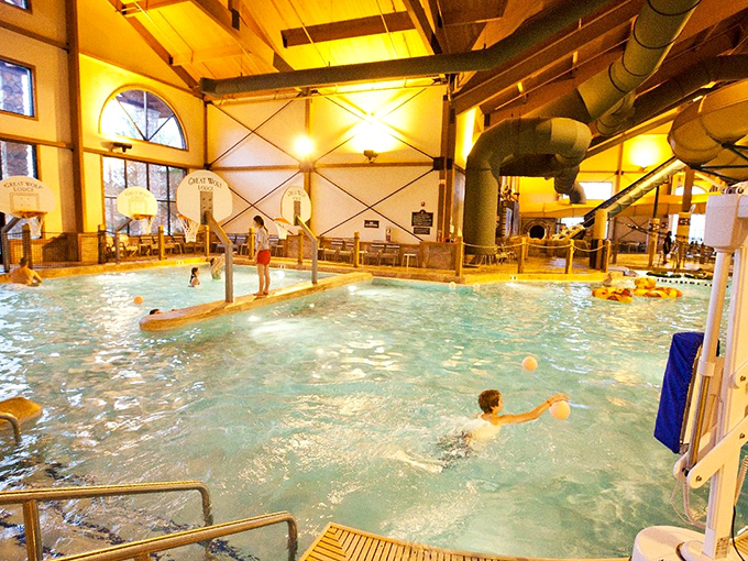 Nature-inspired fun as children hop across giant lily pads, testing balance and courage while lifeguards stand watch over watery adventures.
